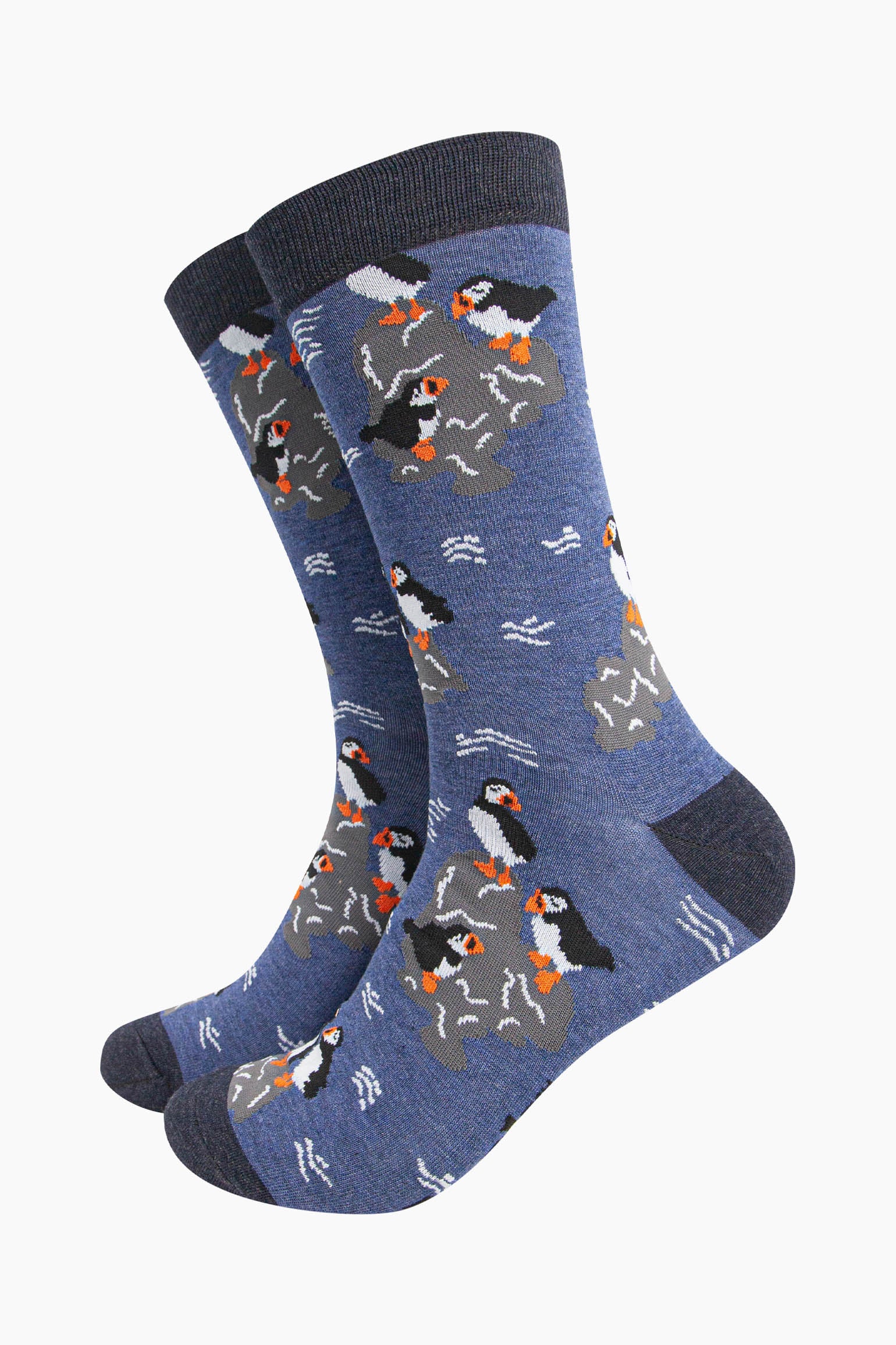 Sock Talk Men's Bamboo Puffin Socks Seabird Rocks Ocean Blue Midcalf – MSH Wholesale