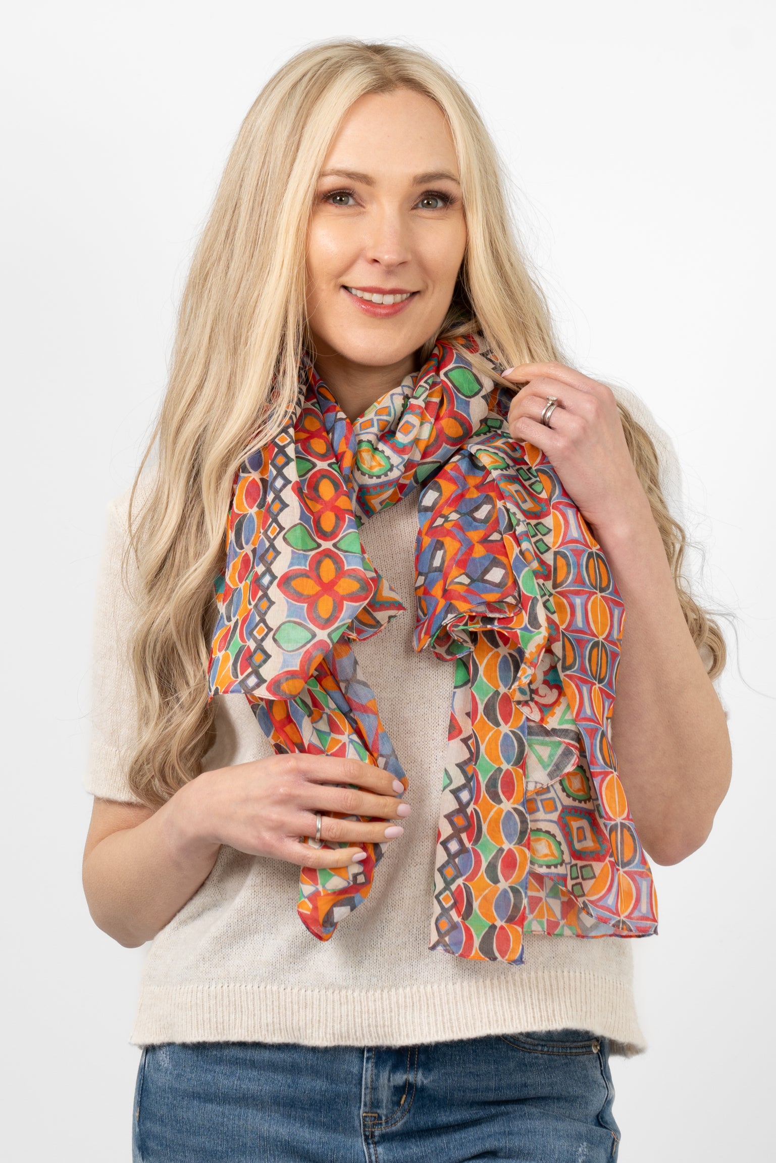 Sarta Red Cotton Mosaic Print Scarf Multicoloured Summer Scarves UK ...