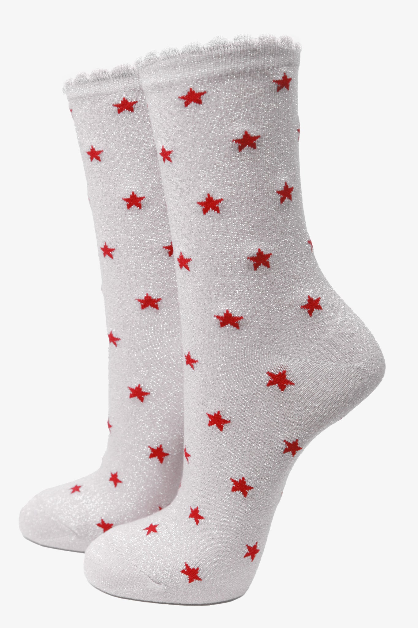 Sock Talk Womens Cotton Glitter Socks White Sparkly Red Star Print 3-7 ...