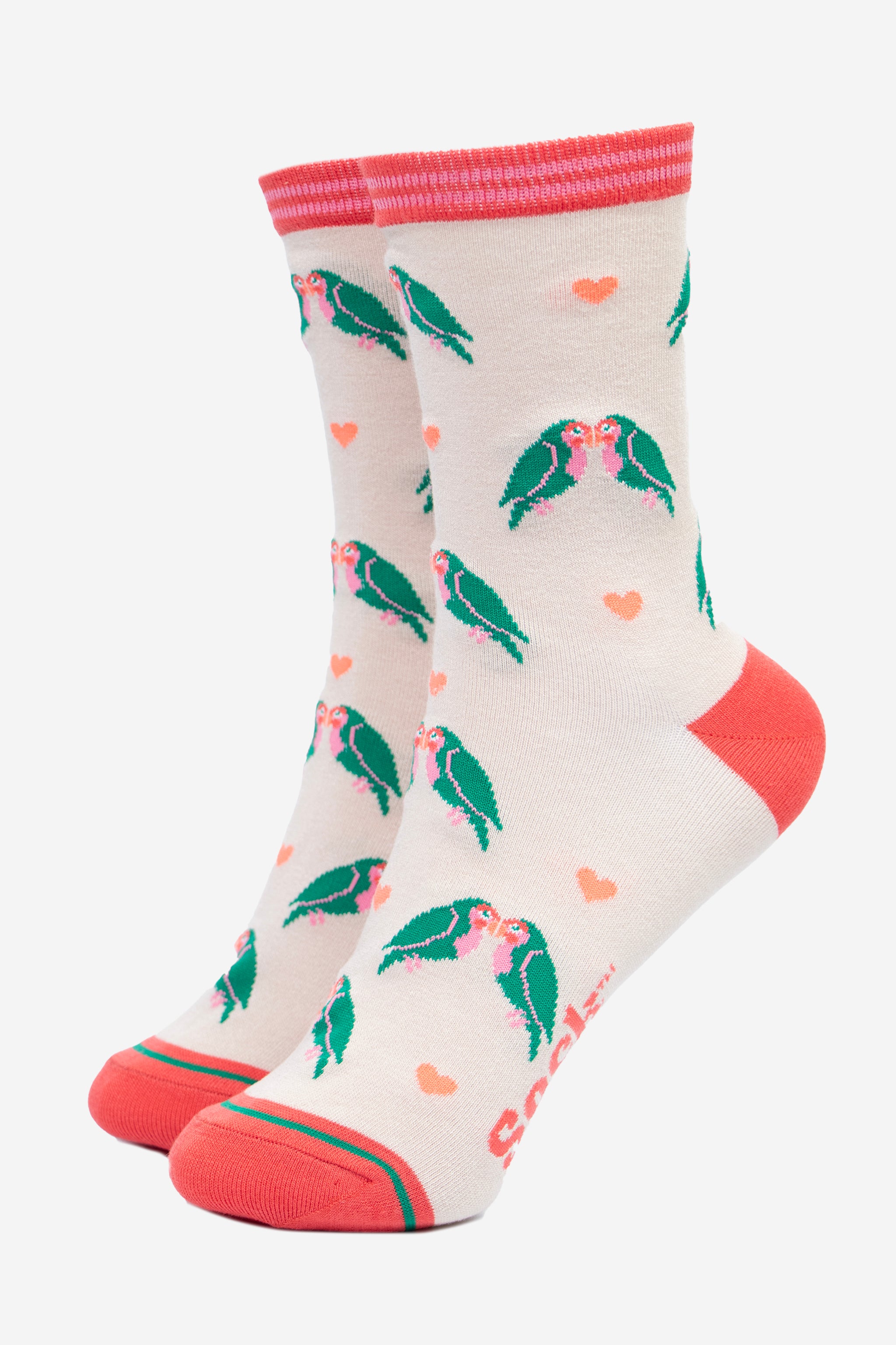 Sock Talk UK Womens Bamboo Socks Lovebirds Love Hearts Cream Pink Cute ...