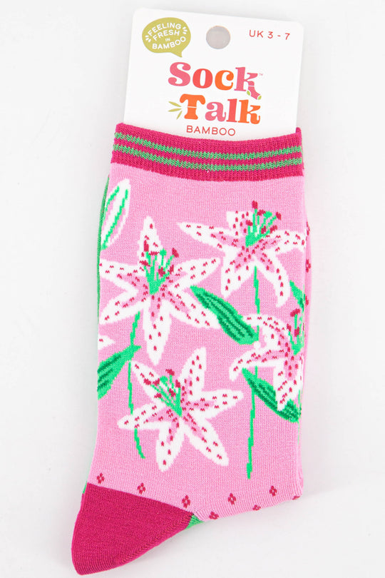 Sock Talk UK Women's Bamboo Socks White Lily Floral Print Pink 3-7 ...