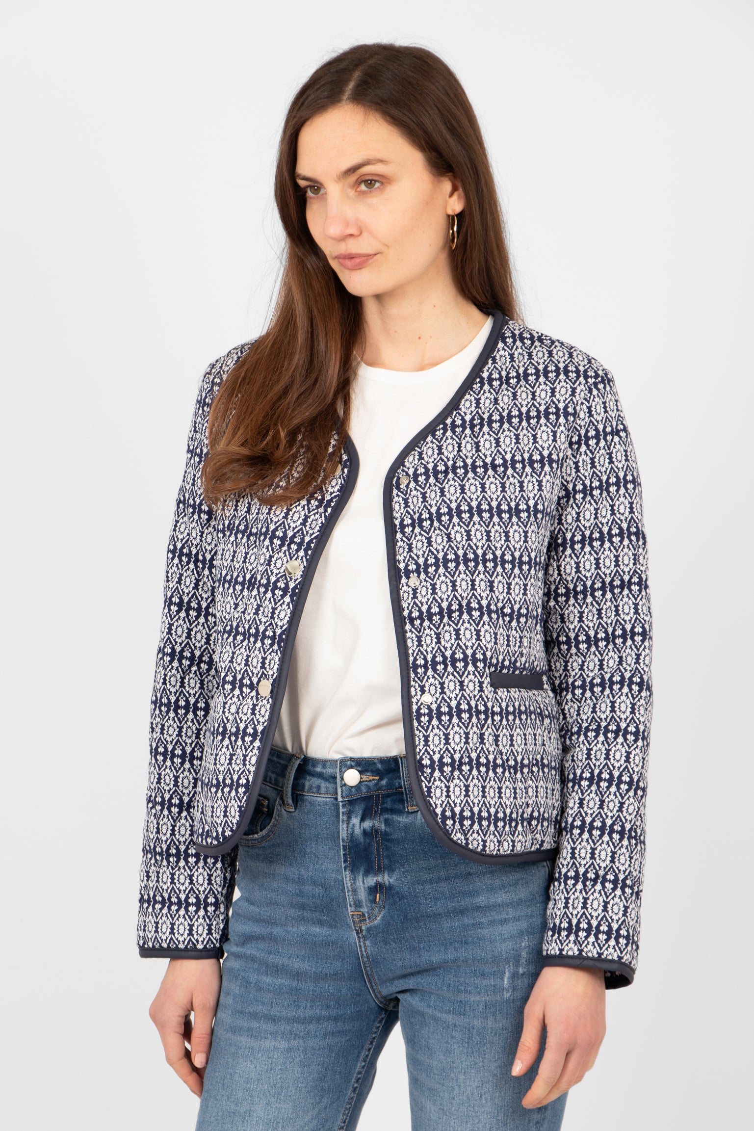 Sarta Aztec Print Lightweight Box Jacket Cropped Navy Blue Spring Coat ...