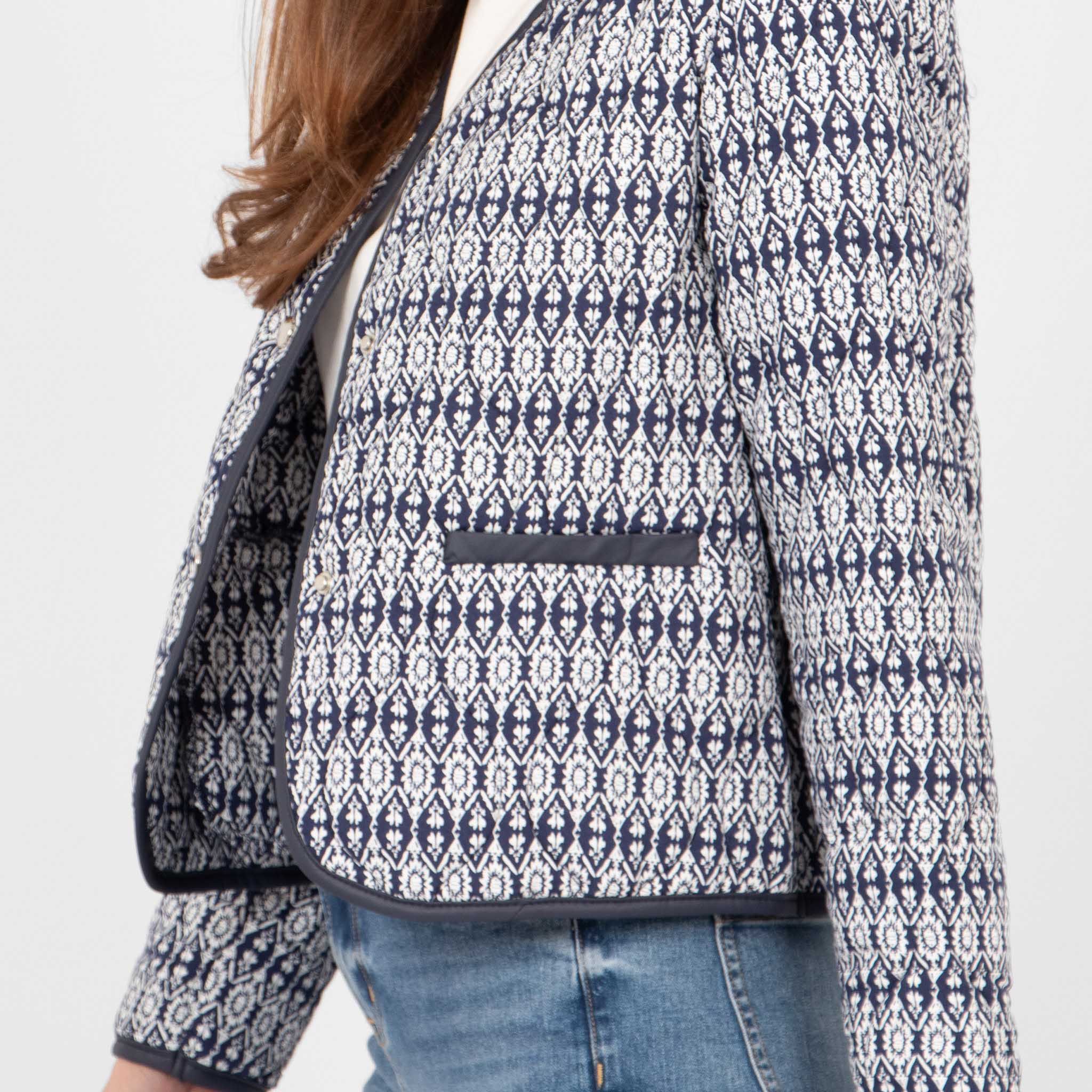 Sarta Aztec Print Lightweight Box Jacket Cropped Navy Blue Spring Coat ...